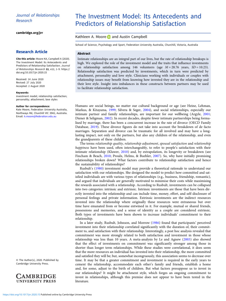 Investment Model and Relationship Satisfaction | PDF | Psychological ...