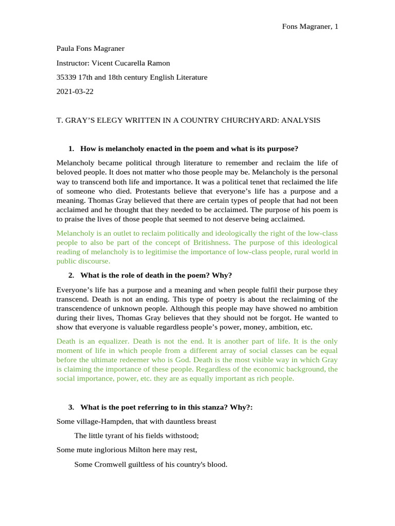 Grays Elegy Written in A Country Churchyard - FINAL DRAFT | PDF