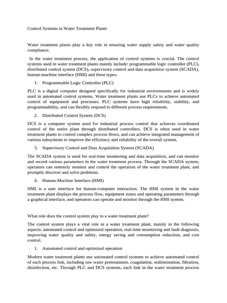Control Systems in Water Treatment Plants | PDF | Programmable Logic ...