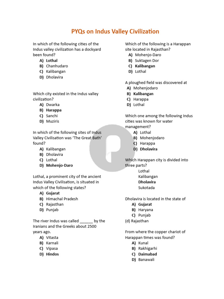 PYQs On Indus Valley Civilization | PDF | Indus River