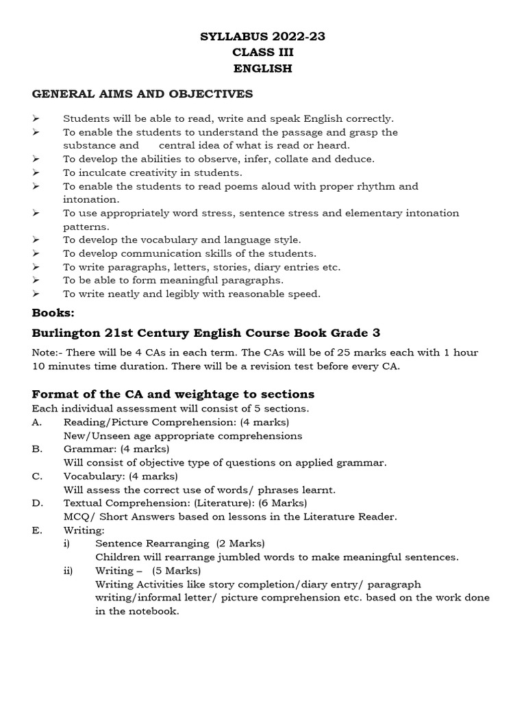 Syllabus 2022 23 Class III Syllabus | PDF | Reading Comprehension ...