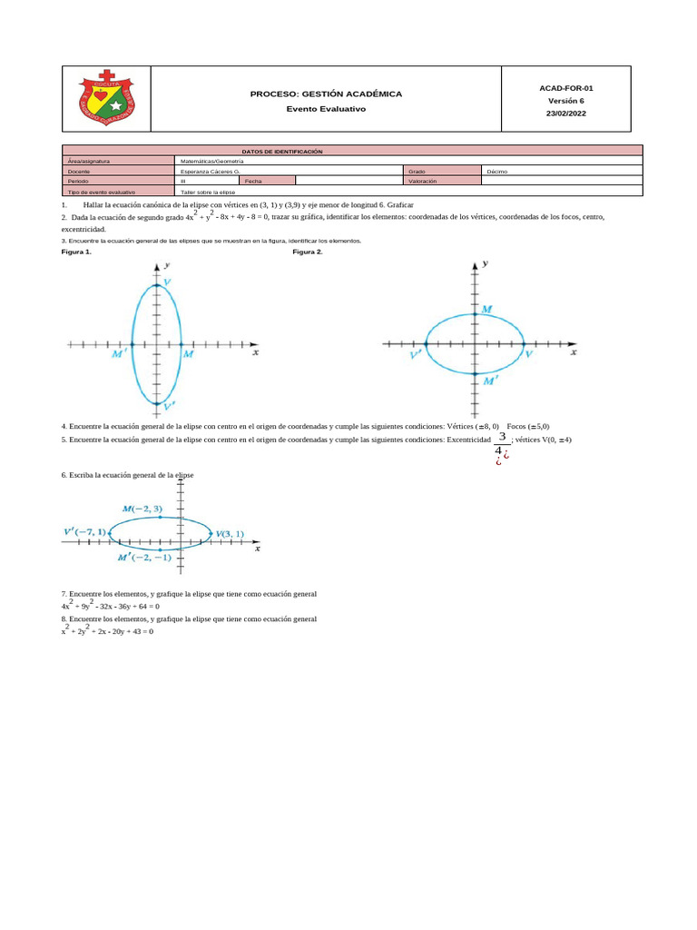 Taller Sobre La Elipse | PDF | Elipse | Ecuaciones