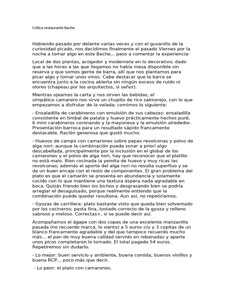 Crítica Restaurante Bache | PDF | Cocina europea | Cocinando