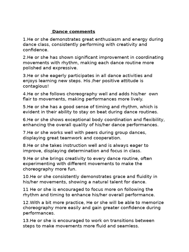 Dance Comments and Art & Craft Comments | PDF | Educational Technology ...