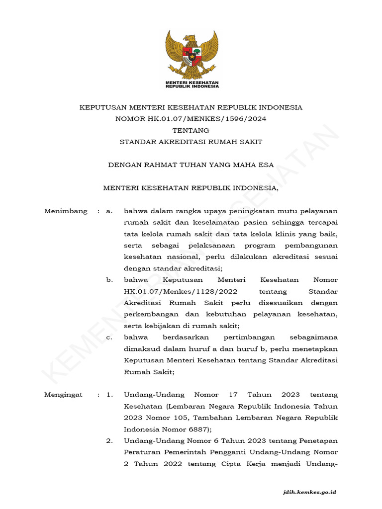 KMK No. HK.01.07-MENKES-1596-2024 TTG Standar Akreditasi Rumah Sakit ...