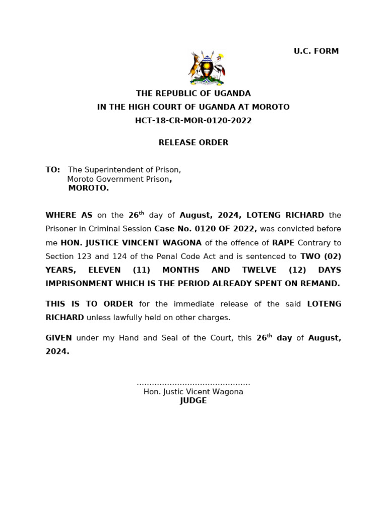 Release Order for Loteng Richard | PDF | Law