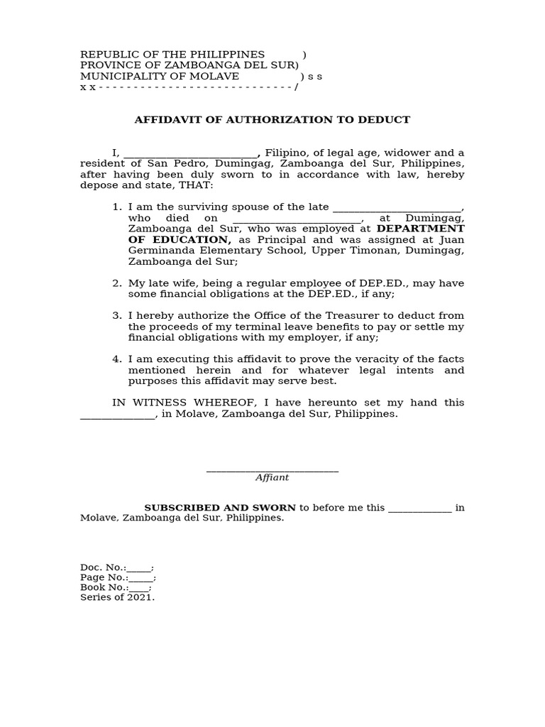 SAMPLE Affidavit To Authorize To Deduct | PDF