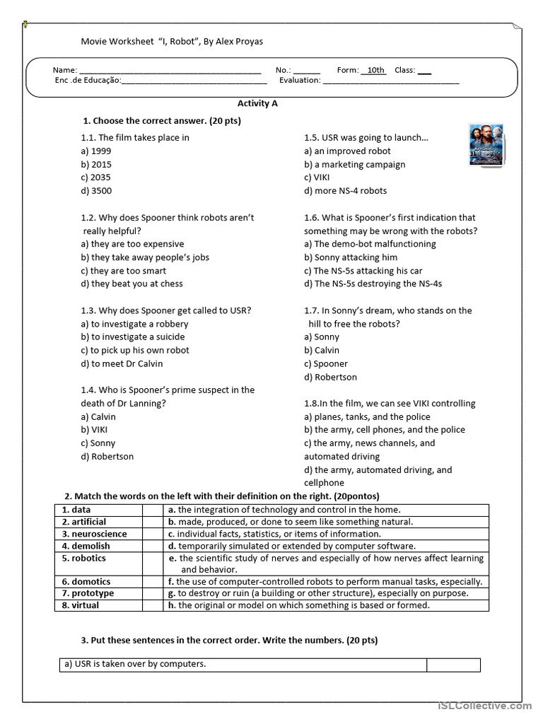 Worksheet On The Movie - I, Robot | PDF | Games & Activities | Young Adult