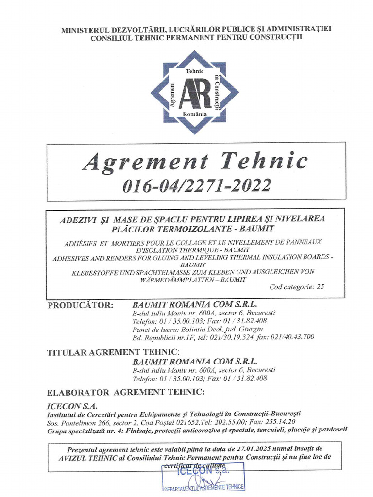 Agrement Baumit - Adezivi Si Mase de Spaclu 2022 | PDF