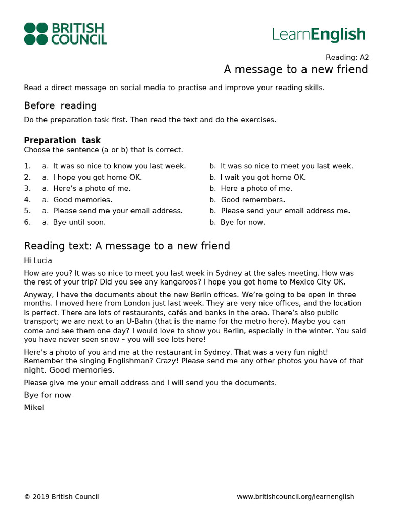 LearnEnglish Reading A2 A Message To A New Friend | PDF