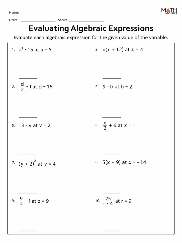 Evaluating Algebraic Expressions Worksheet Grade 6 | PDF