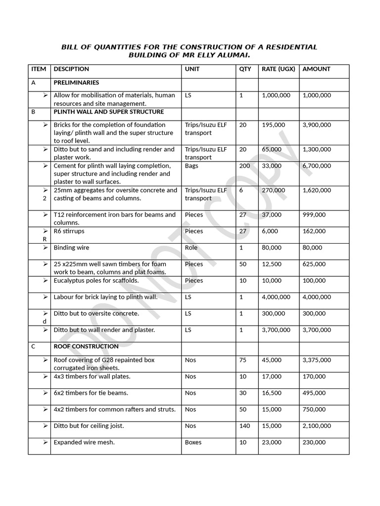 Bill of Quantities For The Construction of A Residential Building of MR ...