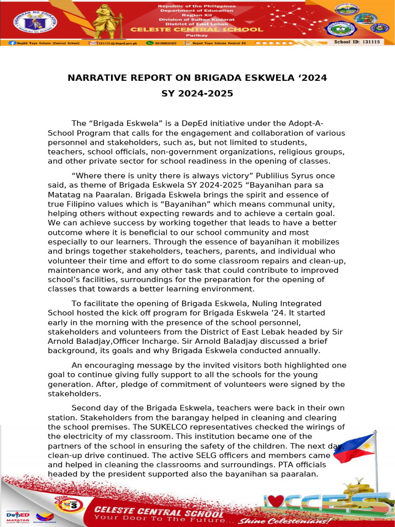 Narrative Report On Brigada Eskwela | PDF | Teachers | Cognition