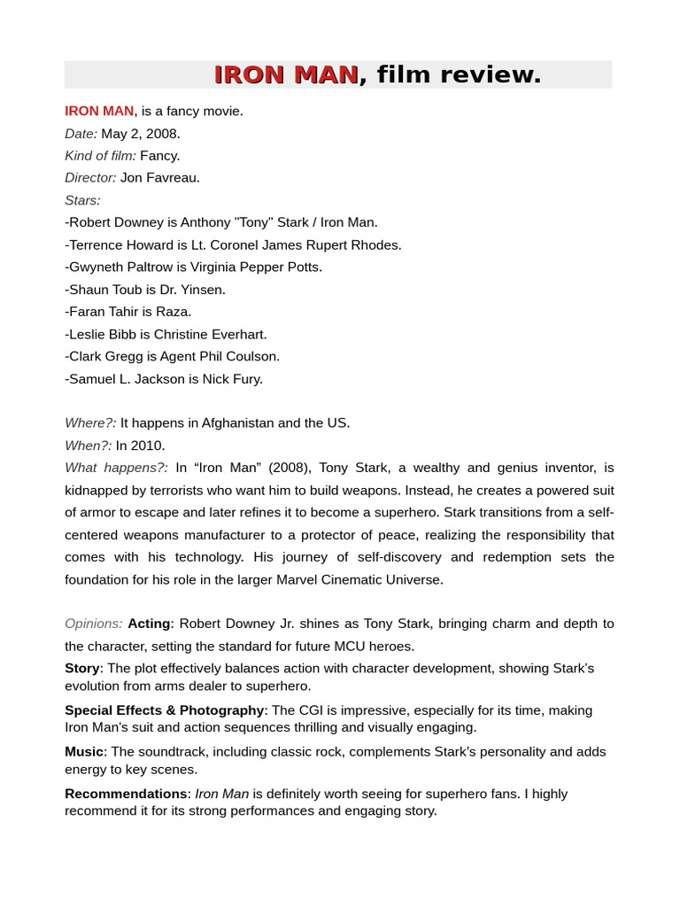Iron Man Film Review- ING | PDF