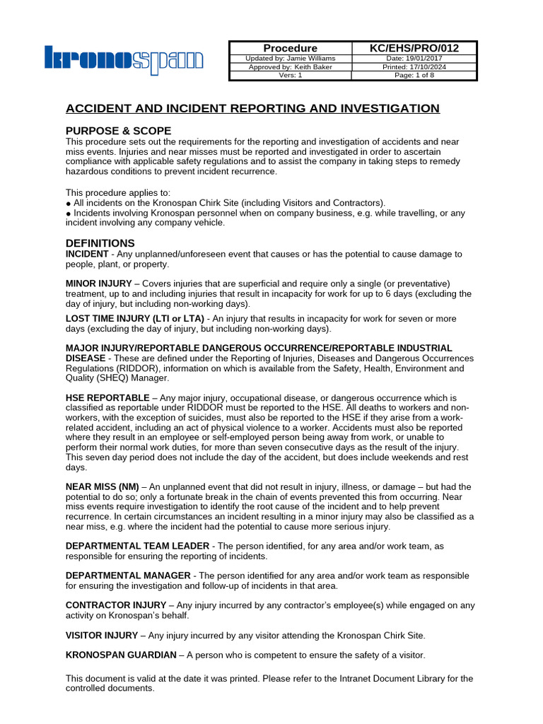 KC.ehs.PRO.012 Accident and Incident Reporting and Investigation | PDF | First Aid | Safety