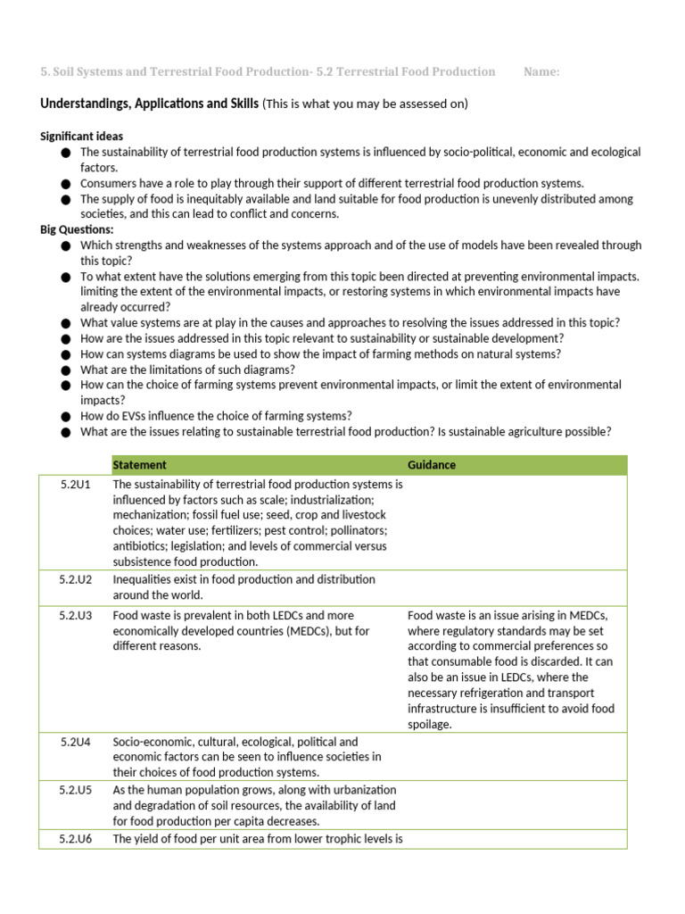 5.2 Terrestrial Food Production Systems and Food Choices Workbook | PDF ...