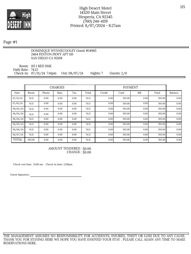 High Desert Motel Guest Receipt | PDF | Money | Financial Services