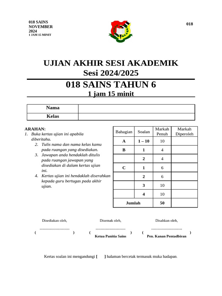 Muka Depan Instrumen Sains 2024 - 2025 | PDF