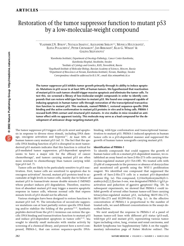 TD3 - Restoration of The Tumor Suppressor Function To Mutant p53 | PDF | P53 | Apoptosis
