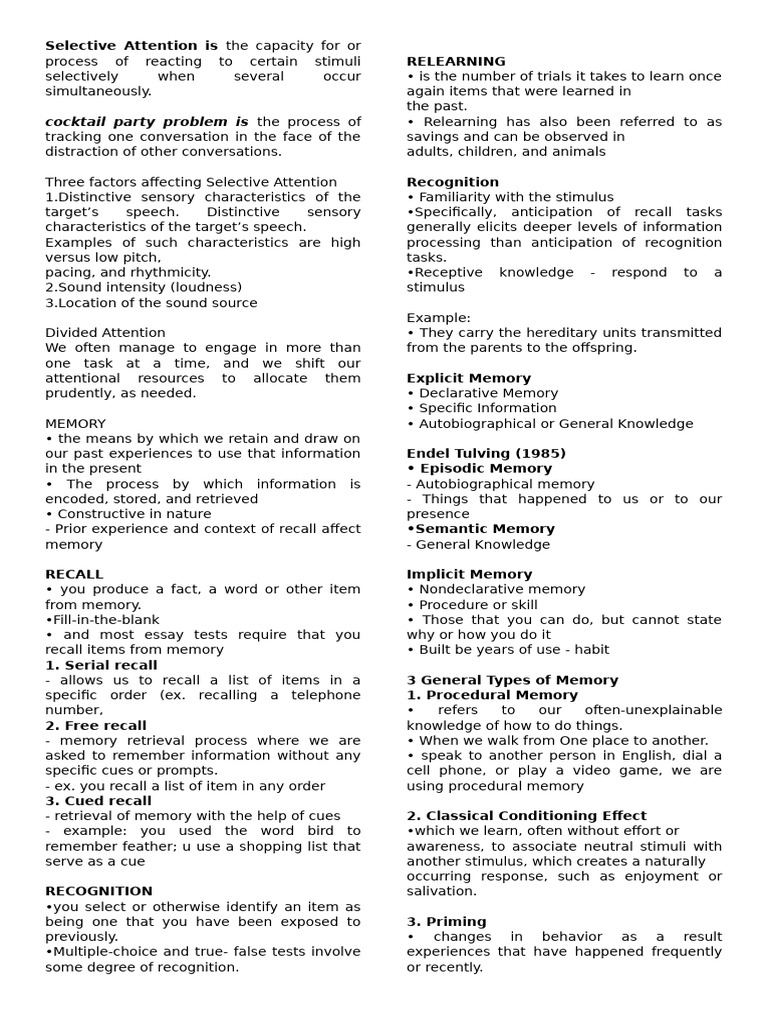 MEMORY Outline | PDF | Recall (Memory) | Memory