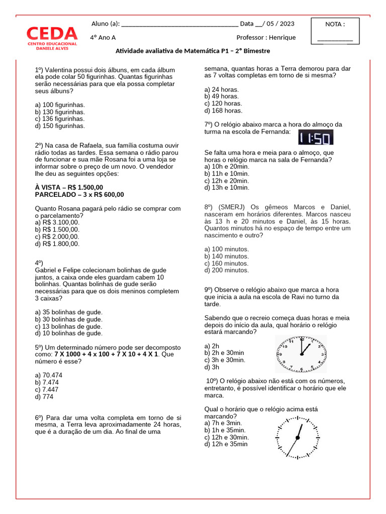 4 Ano Matemática P1 2 Bimestre | PDF