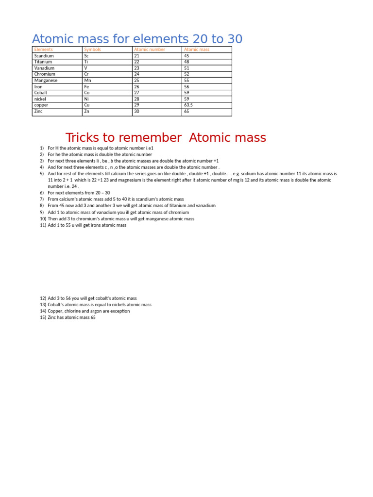 Atomic Mass For Elements 20 To 30 | PDF