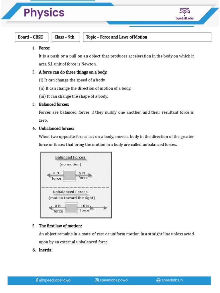 9th CBSE - Force and Laws of Motion - Chapter Notes | PDF | Force ...