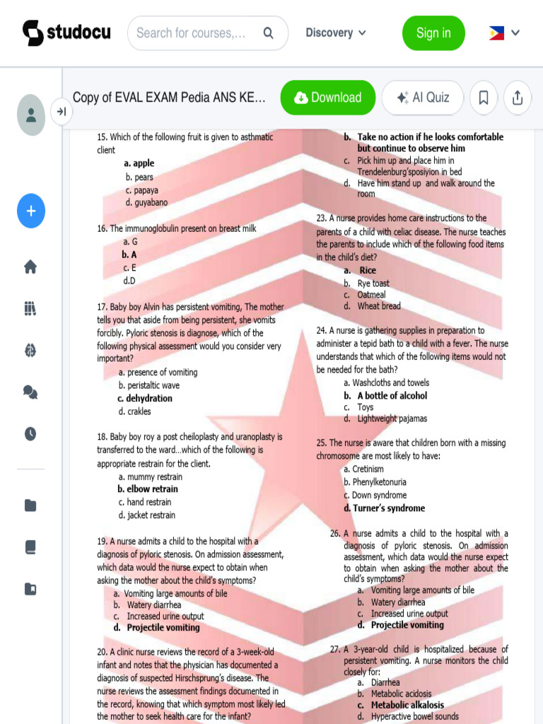 EVAL EXAM Pedia ANS KEY PROF Octubre - PEDIATRIC NURSING EVALUATIVE EXAM ANSWER KEY - Studocu 3 ...