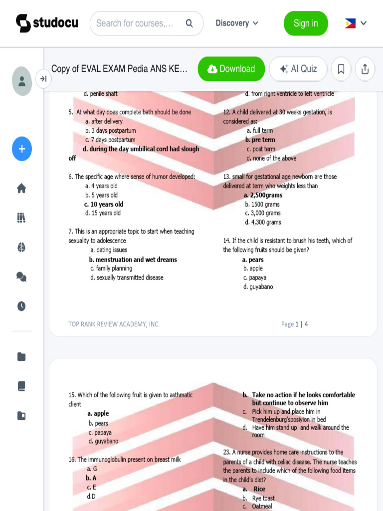 EVAL EXAM Pedia ANS KEY PROF Octubre - PEDIATRIC NURSING EVALUATIVE EXAM ANSWER KEY - Studocu 2 ...