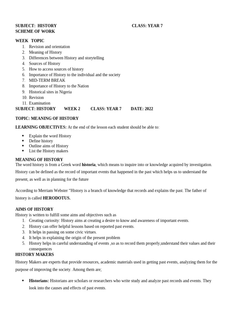 Year 7 Lesson Note Week 2. | PDF | Archaeology | Knowledge