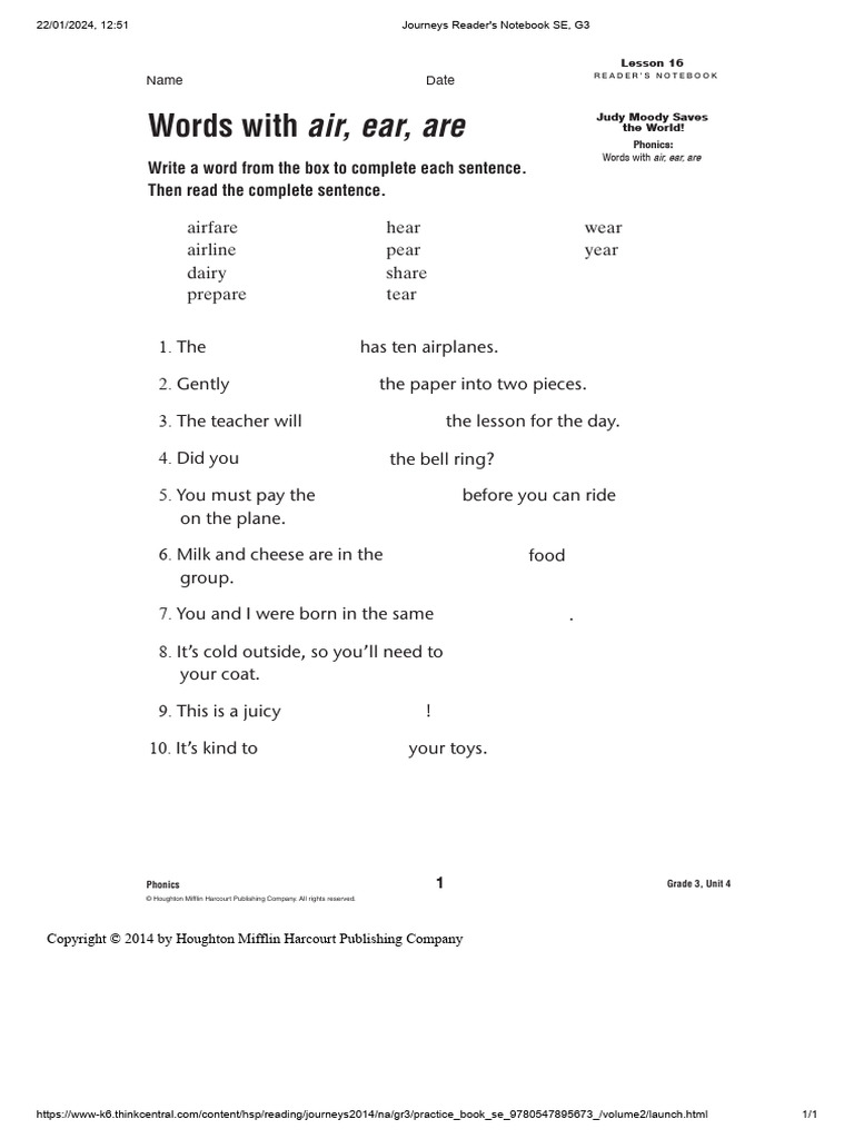 Journeys Reader's Notebook SE, G3 P1 | PDF
