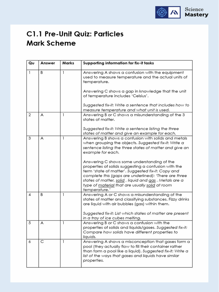 C1.1 Pre-Unit Quiz Mark Scheme | PDF | Liquids | Water