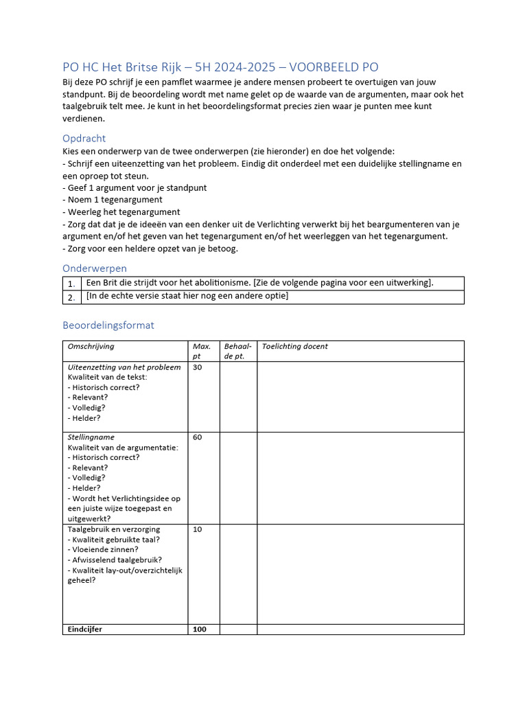 PO HC Het Britse Rijk - Voorbeeld - 5H 2024-2025 | PDF