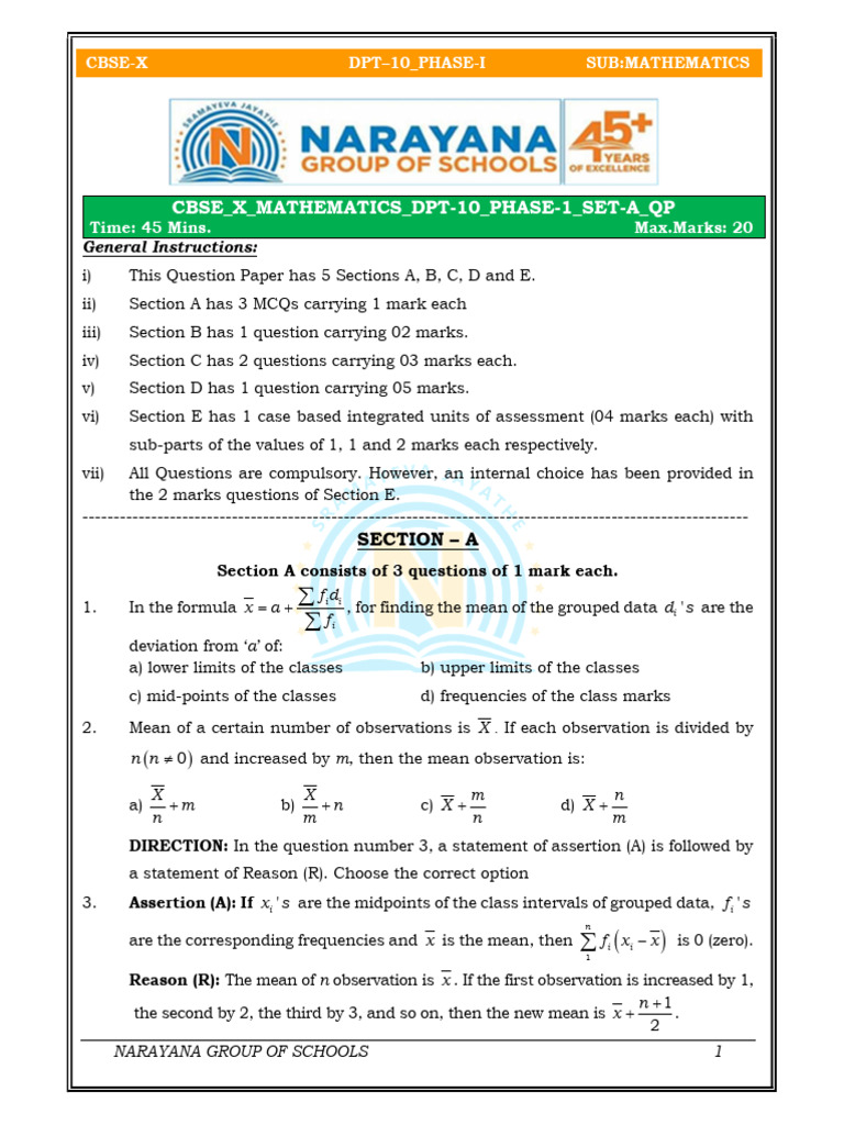 01_CBSE_X_MATHEMATICS_DPT-10_PHASE-1_SET-A_16-10-24_QP | PDF | Mean