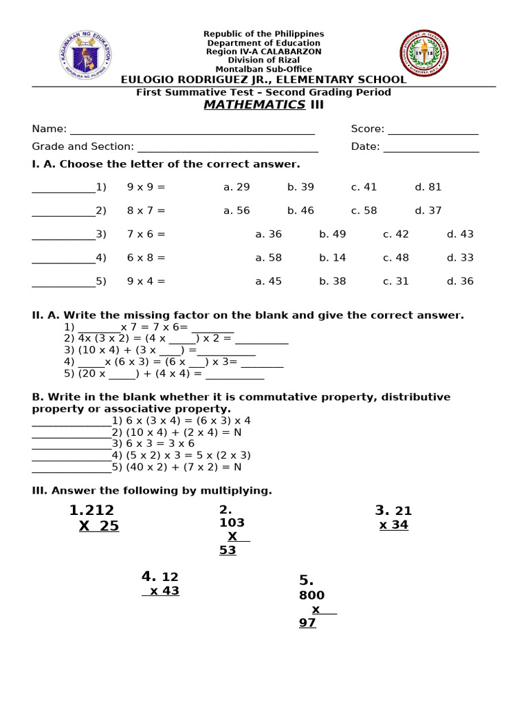 Mathematics III Summative Test Guide | PDF | Teaching Methods & Materials