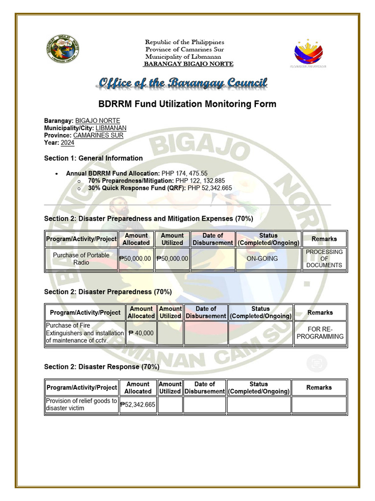BDRRM Fund Utilization Bigajo Norte | PDF | Emergency Management ...