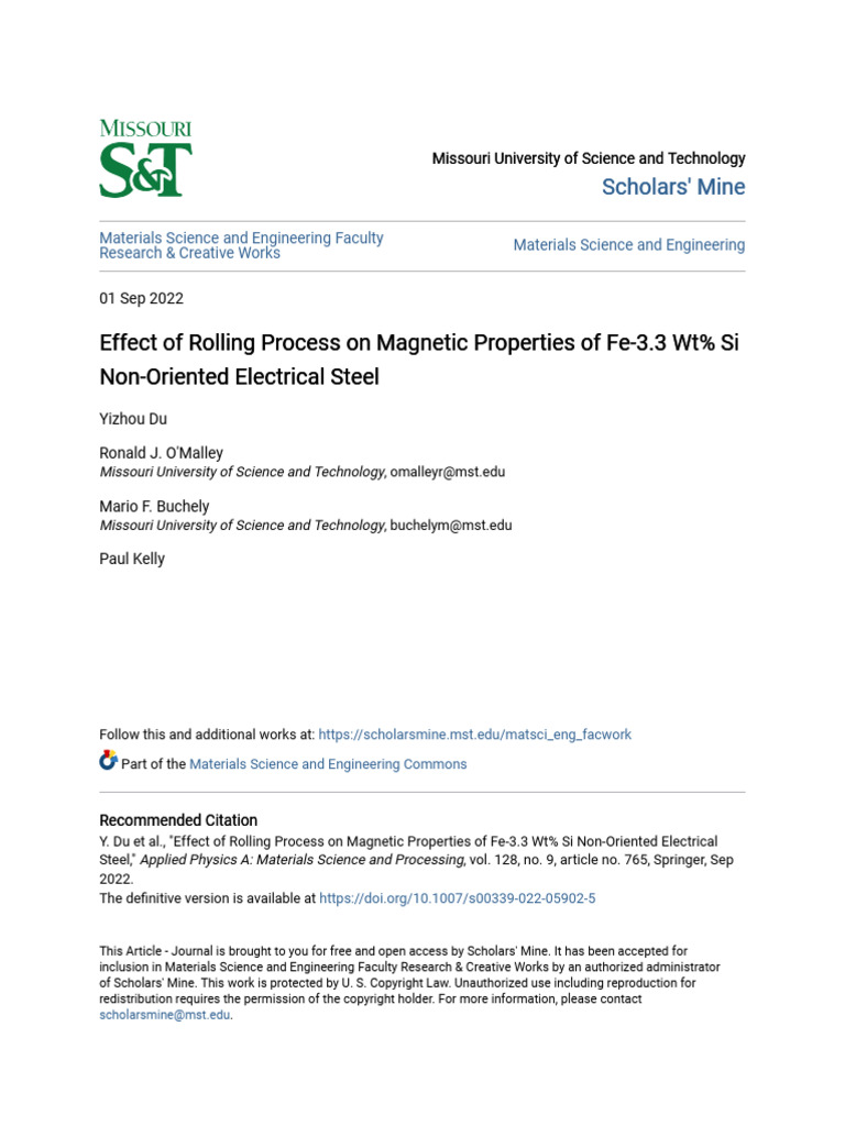 Effect of Rolling Process On Magnetic Properties of Fe-3.3 WT% Si | PDF | Steel | Rolling ...