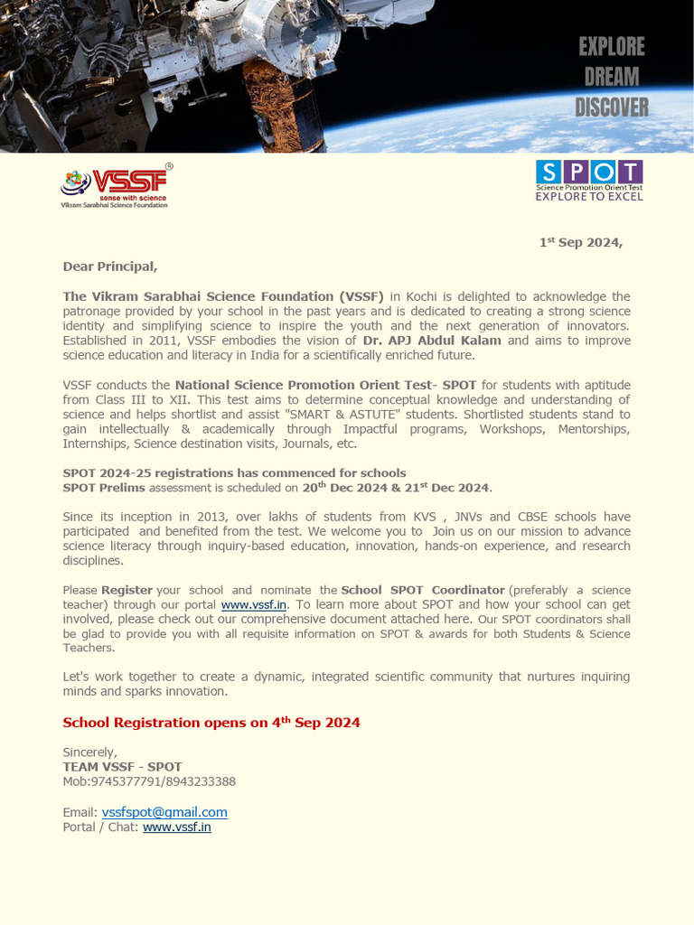SPOT 2024-25 Announcement for Schools | PDF
