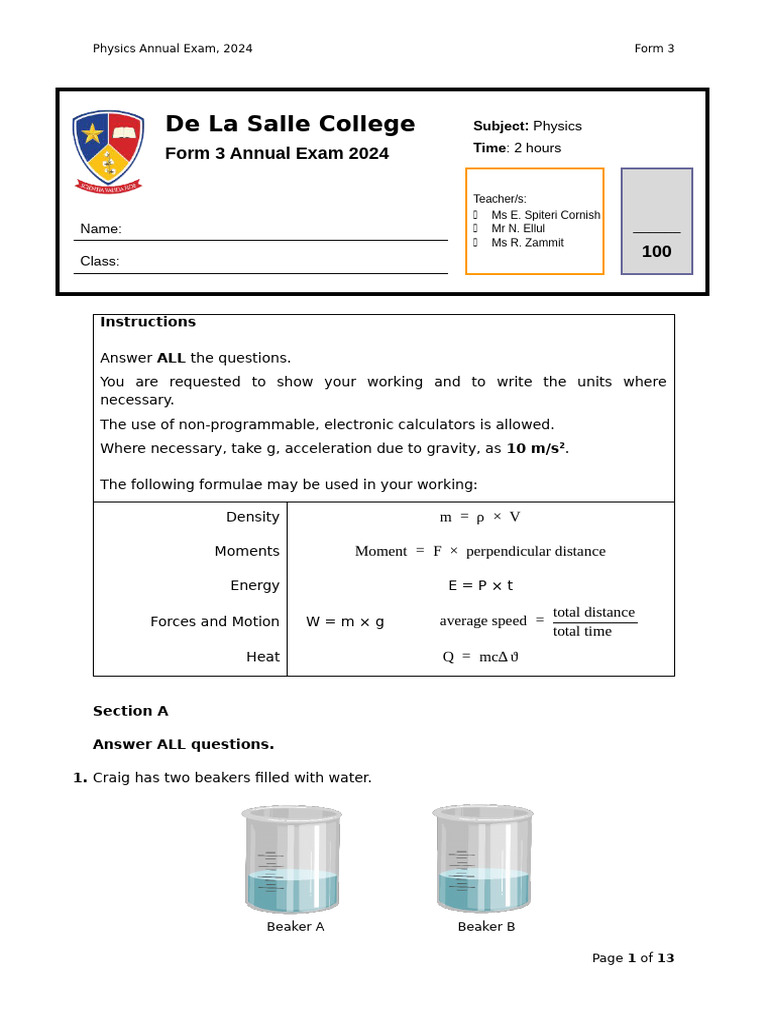 Form 3 Physics Annual Exam Paper 2024 - V5 | PDF | Heat | Heat Capacity