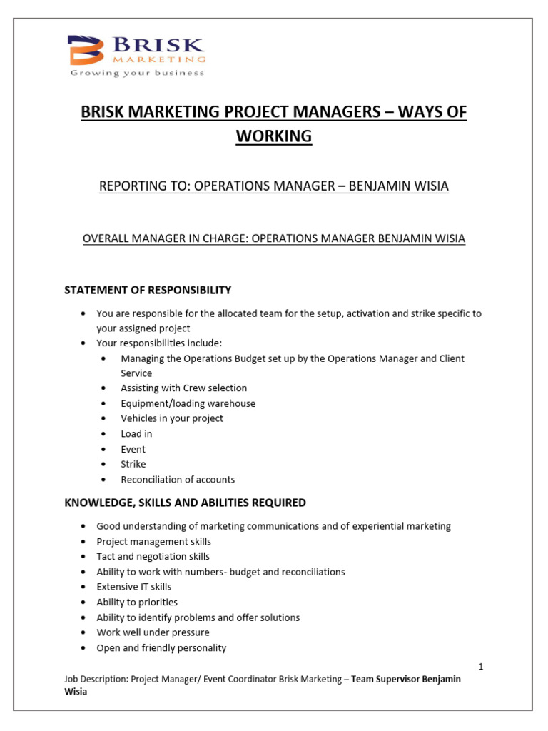 Brisk Project Manager Ways of Working and Responsibility - 26 10 22 ...