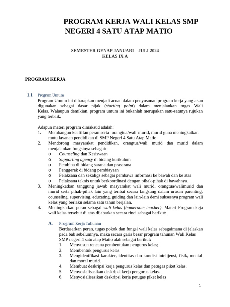 Program Kerja Wali Kelas SMP 2024 | PDF