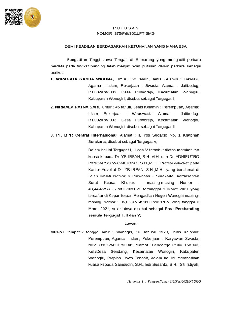 Putusan Perdata PT SMG 2021 | PDF