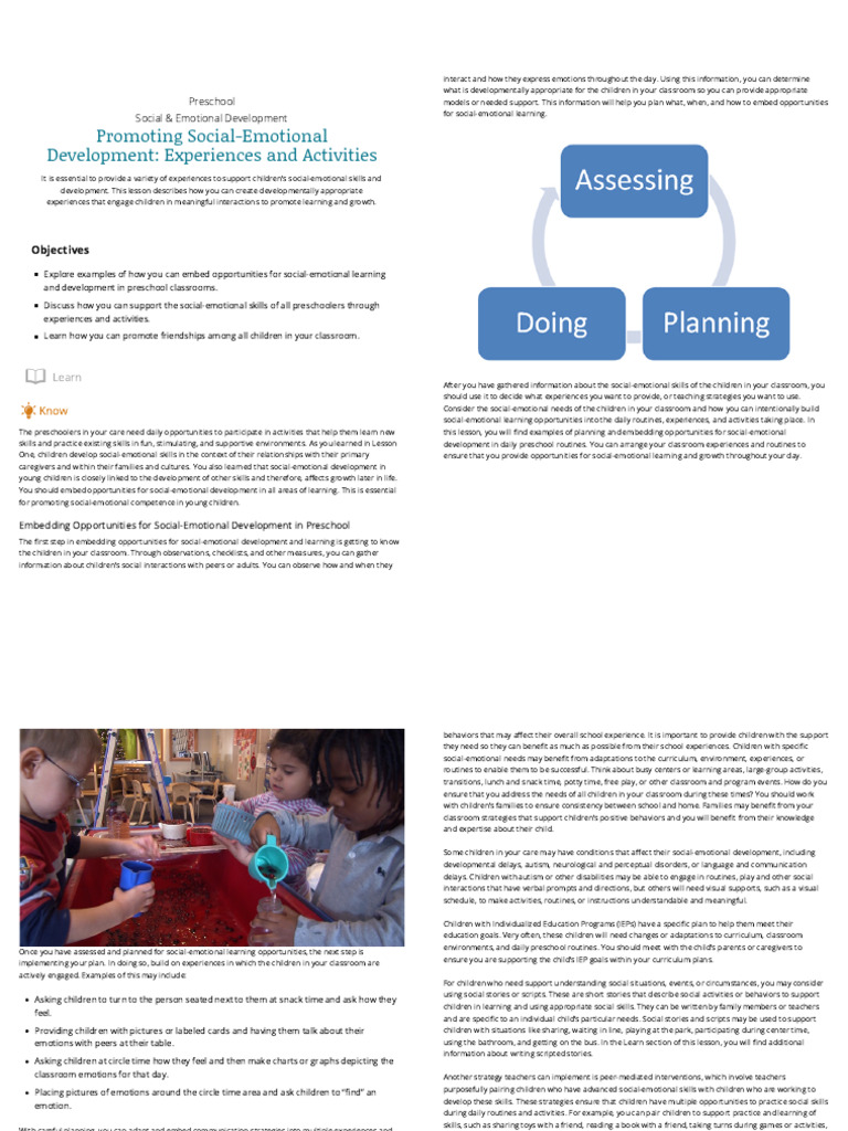 Promoting Social-Emotional Development - Experiences and Activities - Virtual Lab School | PDF ...