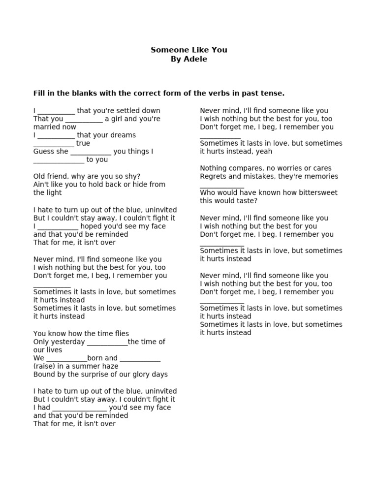 Simple Past Tense Song Someone Like You Adele Activities With Music ...