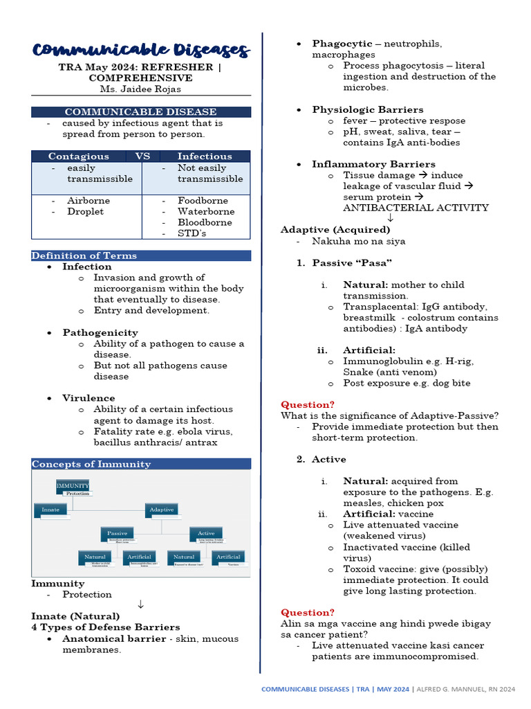 Communicable Disease Maam Jaidee Rojas May 2024 FHO | PDF | Hiv | Malaria