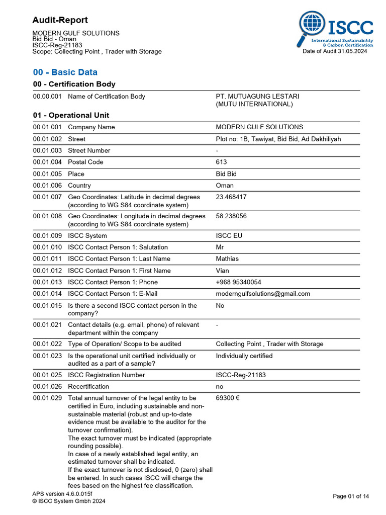 ISCC Audit Report: Modern Gulf Solutions | PDF | Audit | Database ...