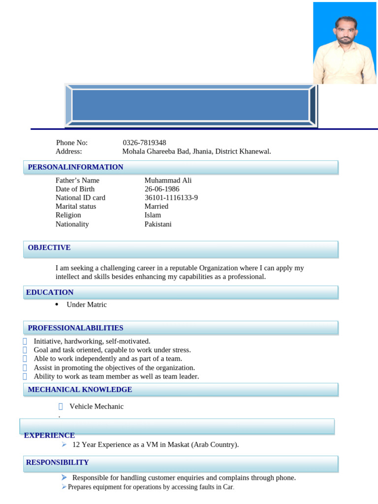 Vehicle Mechanic Resume of Muhammad Khalid | PDF
