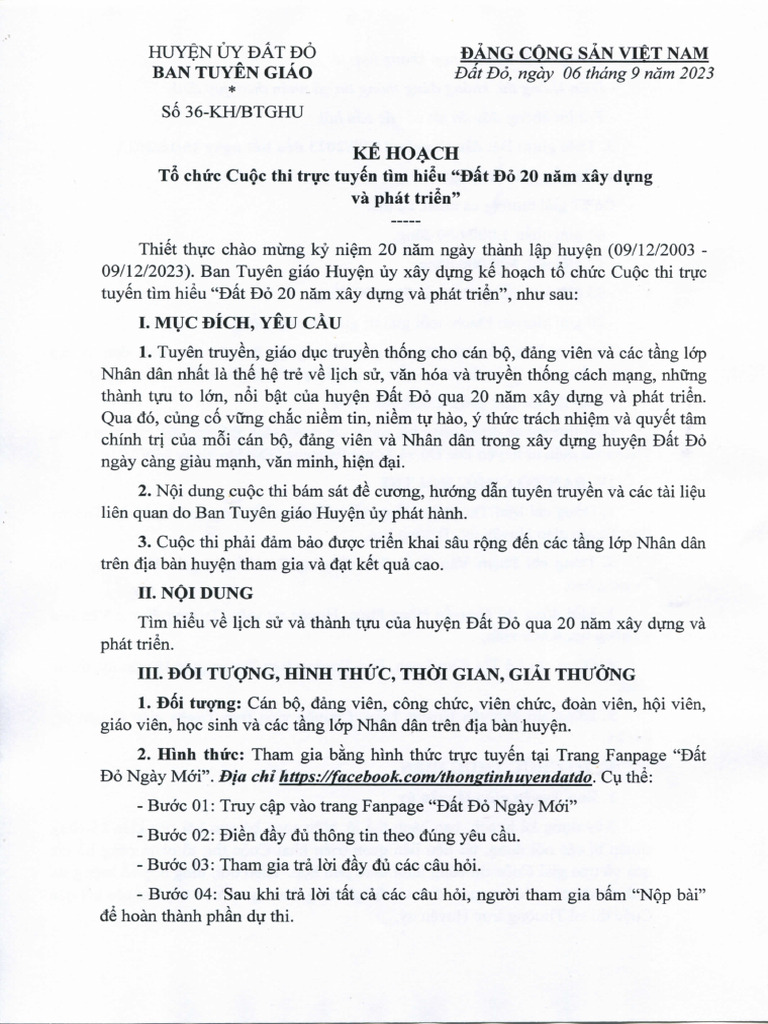 36-Ke Hoach To Chuc Cuoc Thi Truc Tuyen Tim Hieu Dat Do 20 Nam Xay Dung | PDF