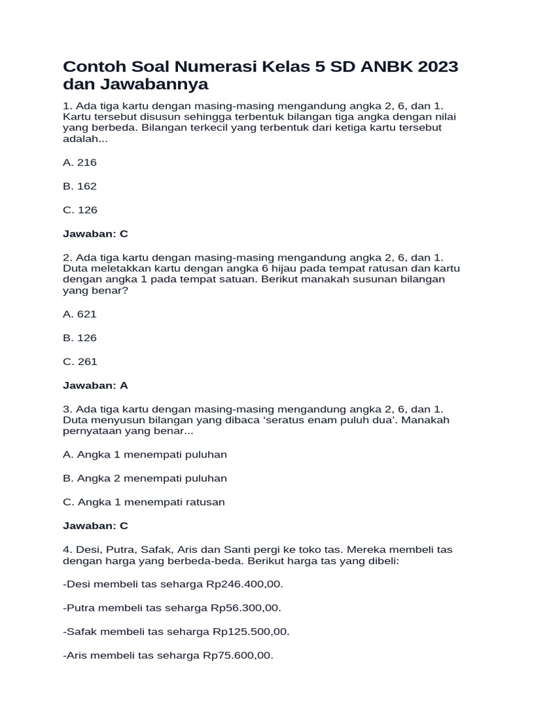 Contoh Soal Numerasi Kelas 5 SD ANBK 2023 Dan Jawabannya | PDF | Olahraga & Rekreasi
