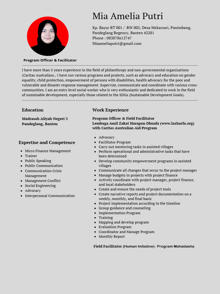 CV - Cover Letter - Mia Amelia Putri Human Initiative | PDF